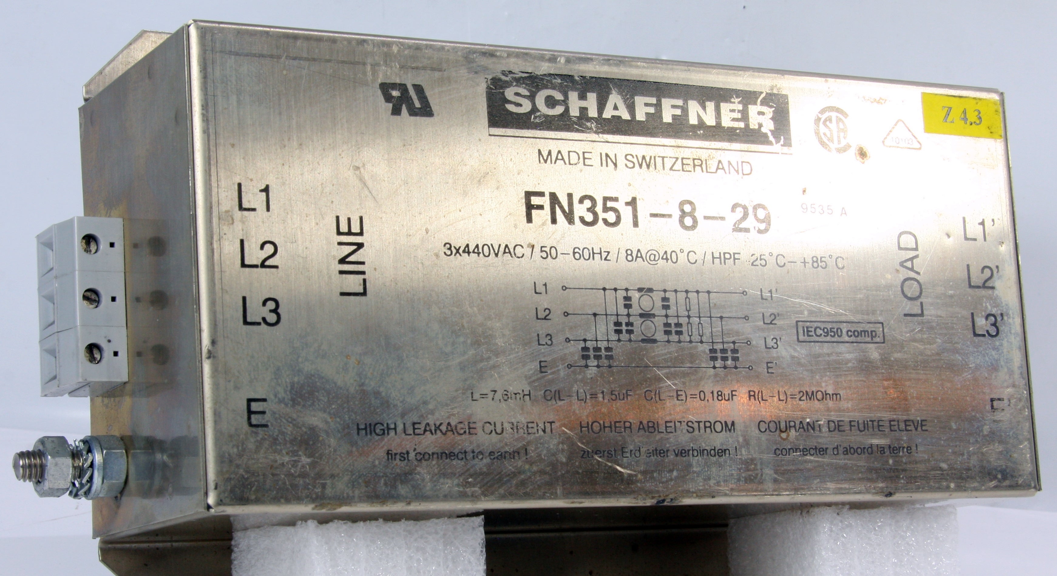 Schaffner 3 Phase Line Filter FN351-8-29 440VAC 50-60Hz